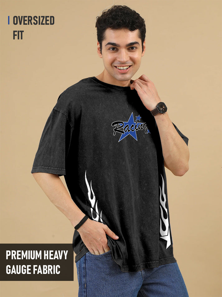 Racing Acid Wash Graphic Printed Oversized T-Shirt - Black – Crazymonk